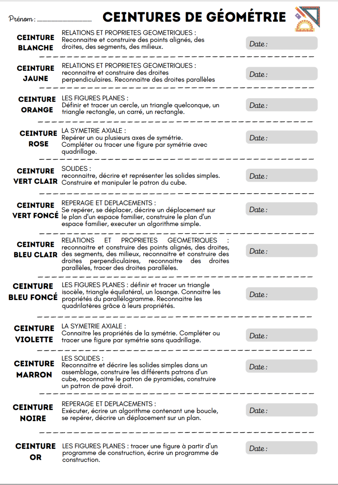 Ceintures de compétences en maths - Maîtresse Hérisson
